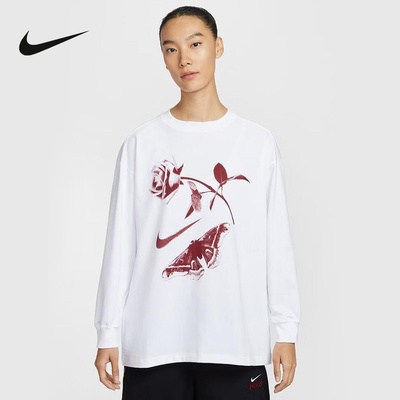 NIKE耐克女子长袖T恤26春新款蝴蝶玫瑰印花薄款针织衫IH7696-100