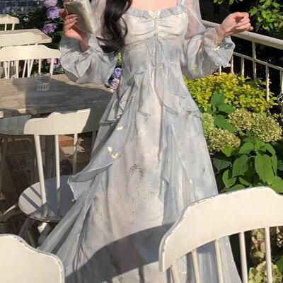 Blovelan雾霭鎏蓝 气质灰蓝色晕染仙气蝴蝶烫金荷叶边长袖连衣裙