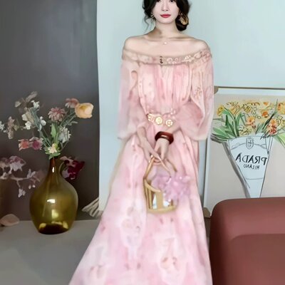 大Eees 花漾鎏纱 收腰碎花长袖一字肩连衣裙女春款蕾丝气质款长裙