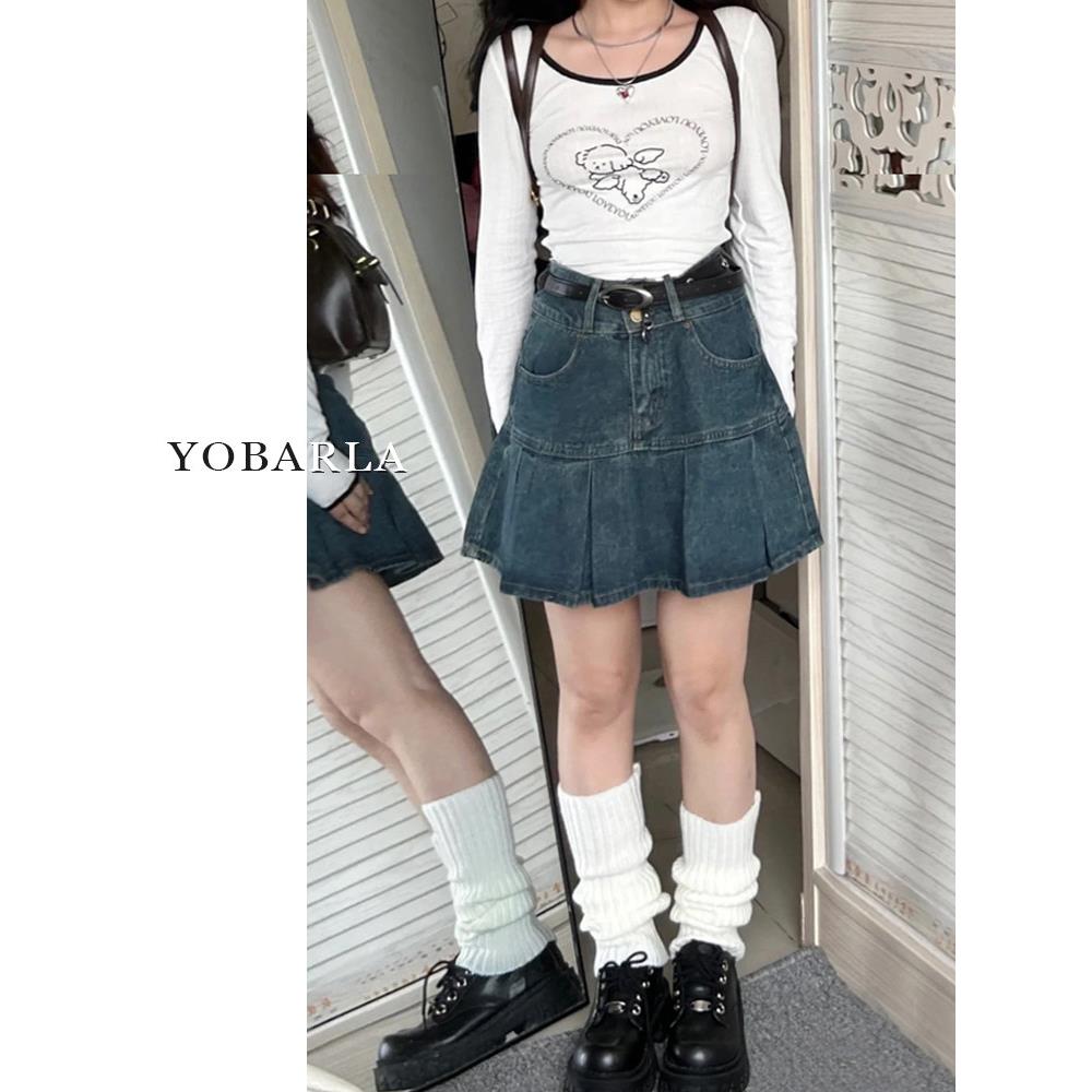 百褶牛仔短裙女夏季高腰胖mm大码遮肚子显瘦梨形身材a字半身裙子