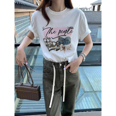 ELOF01059# 官图 21支纯棉210克（100%棉）短袖T恤女宽松大码印花
