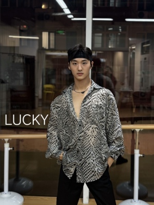 Lucky拉丁舞服男士长袖衬衫上衣灰豹纹雪纺翻领练舞表演教课成人