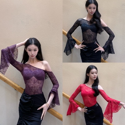 Loyal拉丁舞服斜肩蕾丝长袖上衣喇叭袖黑紫红色练舞表演艺考女士