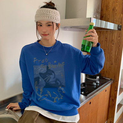 尺尺间Lsland  韩系复古印花圆领长袖卫衣女春秋新款宽松休闲上衣