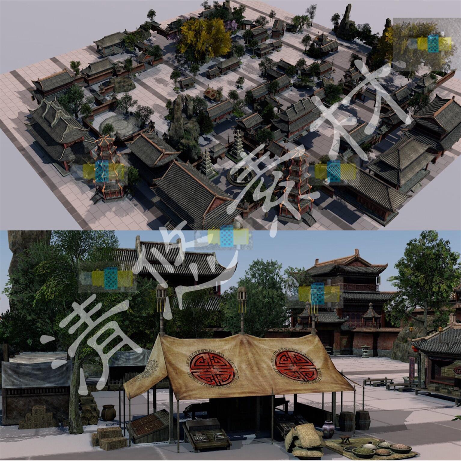 3dmax fbx格式c4d古代建筑街道长安城古代集市游戏场景模型309