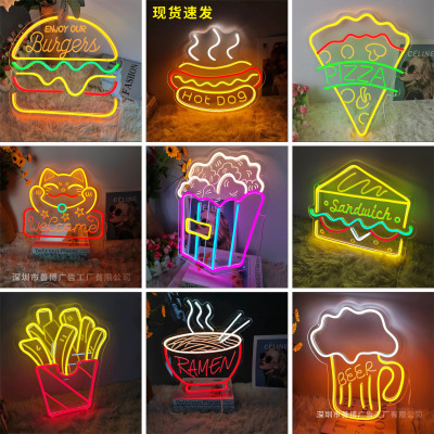 亚马逊跨境LED霓虹灯牌汉堡灯披萨薯条热狗Ramen发光字装饰灯USB