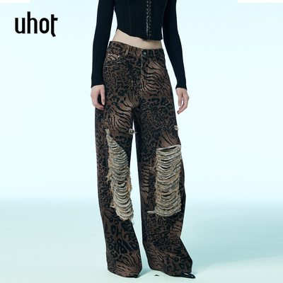 豹纹磨毛假破洞牛仔长裤