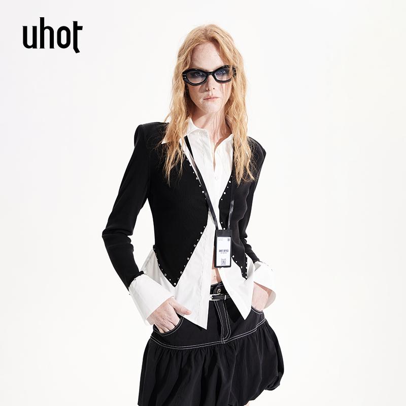 uhot/诱货黑白色铆钉假两件拼接修身收腰设计感百搭衬衫UWWS1C130
