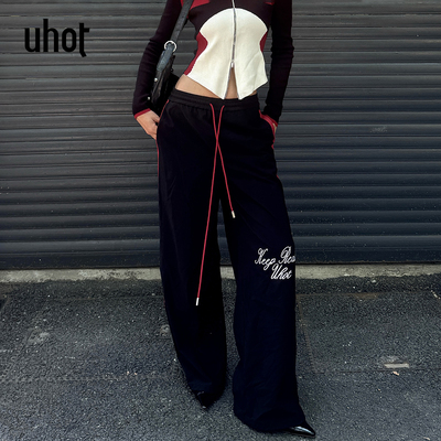 黑色撞色绣花工装风阔腿裤