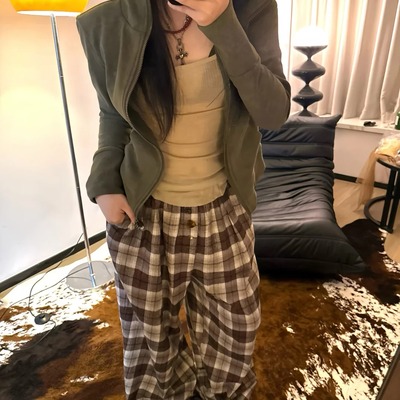 复古格子高腰垂感小众阔腿裤女