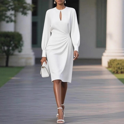 Wrinkled waist cinched round neck dress褶皱收腰圆领连衣裙