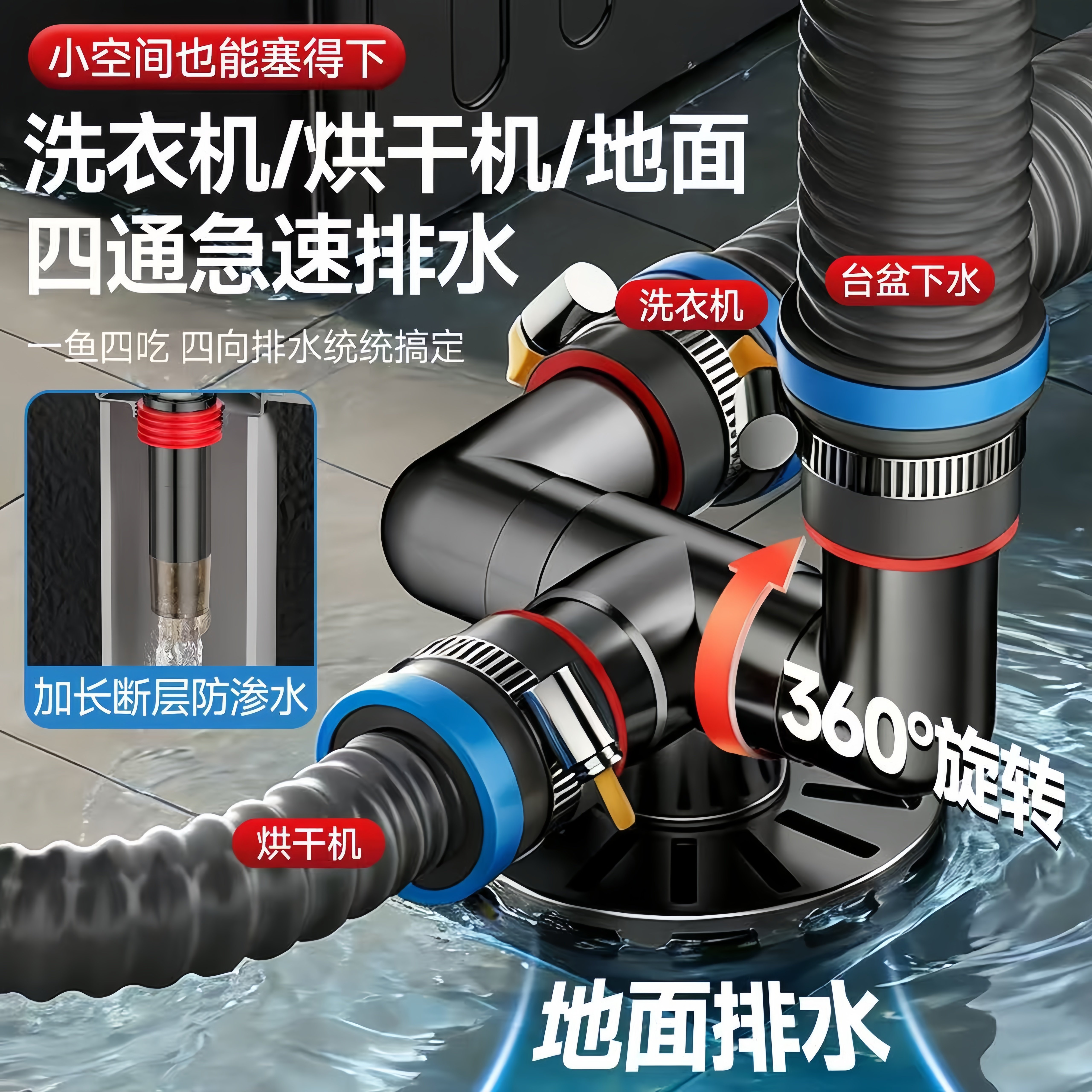 欧美洗衣机下水三通地漏排水二合一下水管接头防臭器3防溢水四通