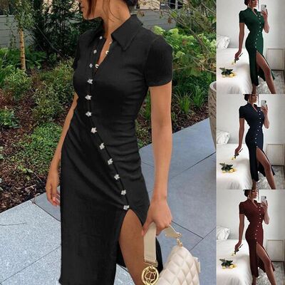 Solid color button slanted slit dress纯色纽扣斜边开叉连衣裙