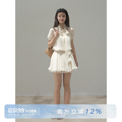 ANNACUTE雪纺泡泡袖连衣裙