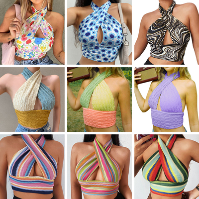 彩色挂脖性感修身针织交叉上衣