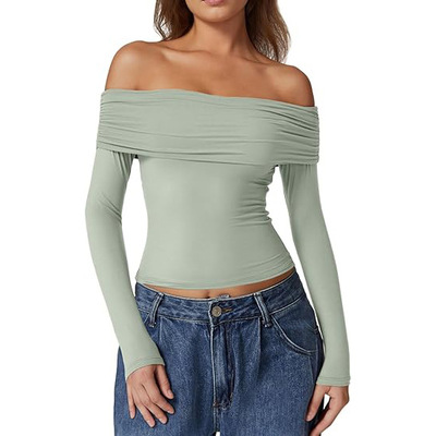一字肩长袖女士上衣  One shoulder long sleeved women's top