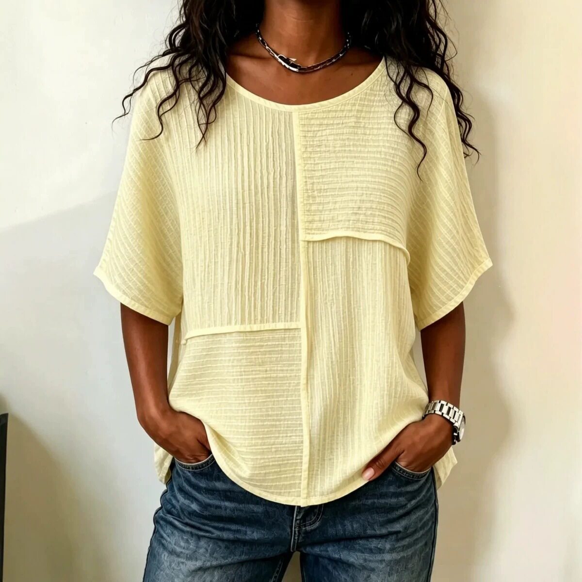 女士纯色圆领中袖上衣Women's solid colorroundneckmidsleevetop