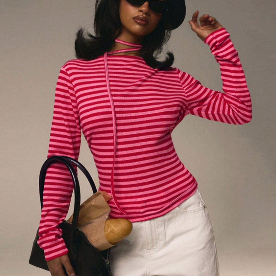 圆领条纹长袖上衣女Round neck striped long sleevedtopforwomen