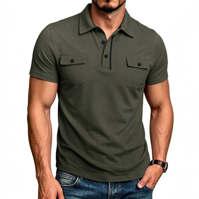 Collar patchwork button short sleevedtop翻领拼接纽扣短袖上衣
