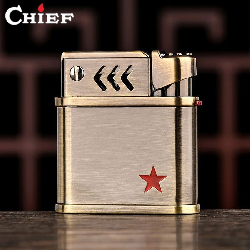 Chief首领煤油打火机老五角星一键按压弹射机械打火机怀旧复古风