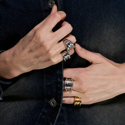 1JINN M2M 个性朋克风金银多层环状戒指女时尚小众高级感指环