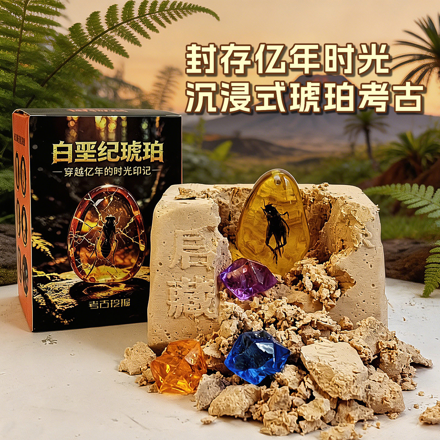 琥珀昆虫考古挖掘玩具儿童手工挖宝化石寻宝探索科学教育益智盲盒