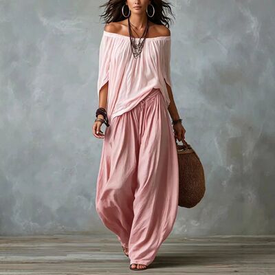 Off shoulder top and wide leg pants set露肩上衣阔腿裤套装