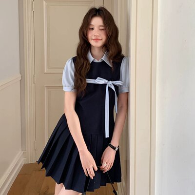 Even一雯高智miu王韩系高智感假两件miu系连衣裙学院风百褶短