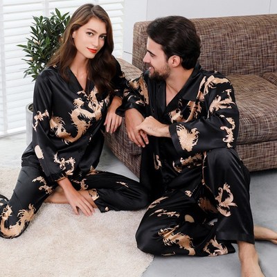 Couple Silk Satin Pajamas Pyjamas Set Long Sleeve Sleepwear