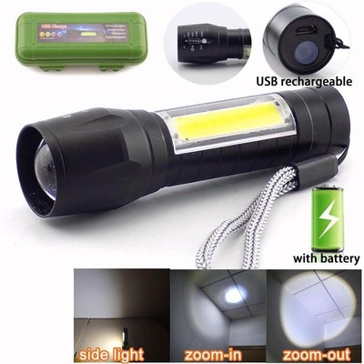 2 way LED COB Q5 Mini Flashlight Torches Camping USB Recharg