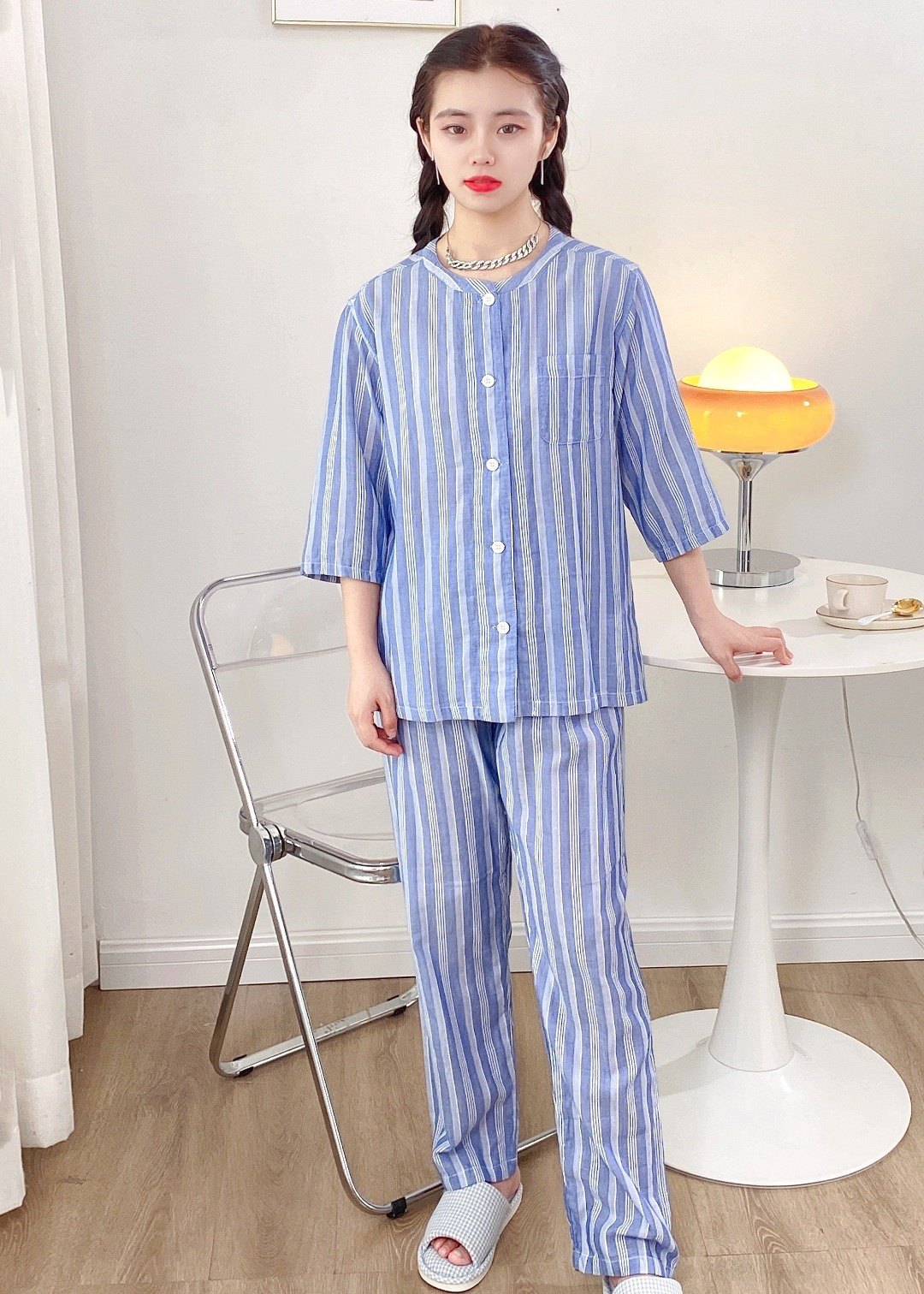 无印日式无侧缝纯棉细棉纱双层纱布睡衣七分袖短袖女士家居服套装