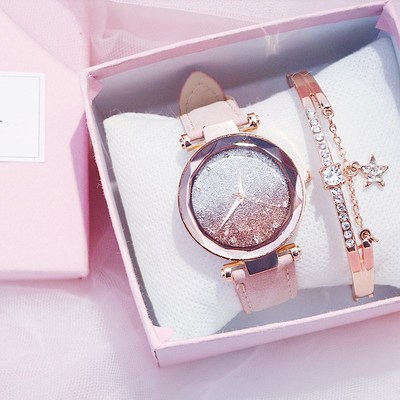 New Women Romantic Starry Sky Wrist Watch Leather Rhineston