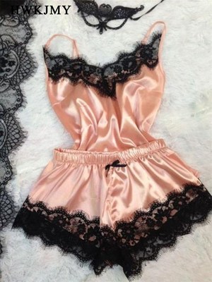 Sexy Fashion Women Lace V Neck Pajamas Set Lingerie Sleevele