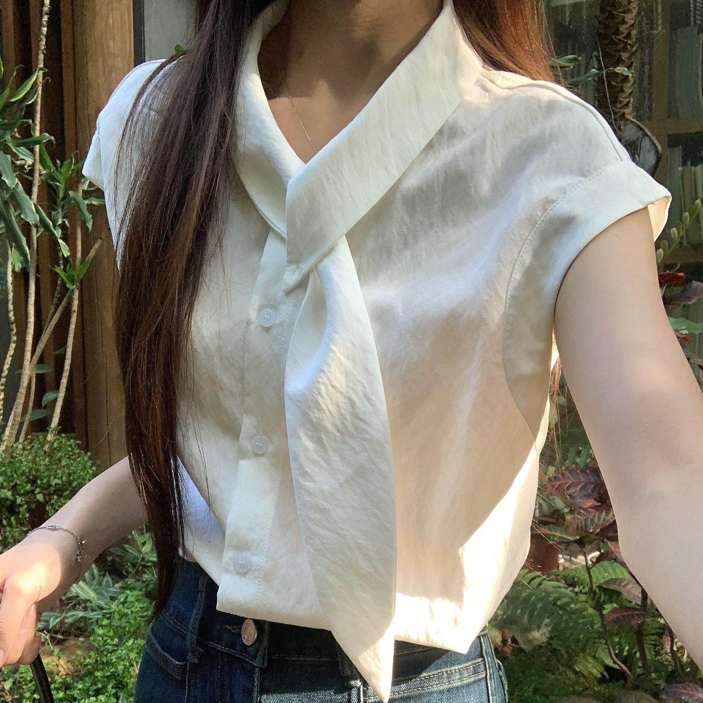 法式白色飘带短袖衬衫女夏季小个子高级感衬衫宽松气质1/4吋套筒