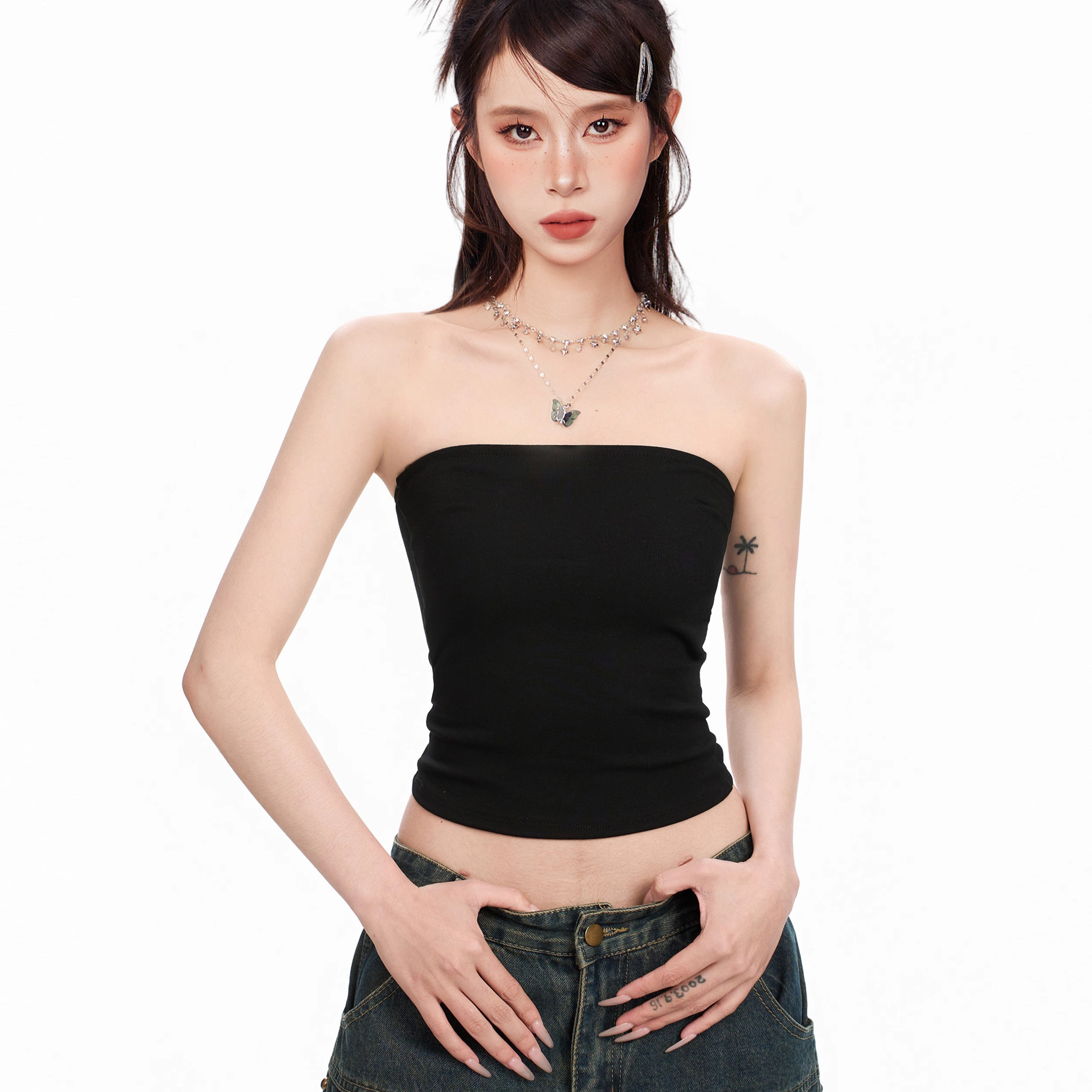 辣妹黑色抹胸带胸垫吊带背心女夏季设计感内搭打底裹胸无肩带上衣