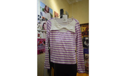 monki紫色条纹蝴蝶结领纯棉长袖上衣商场撤柜品牌