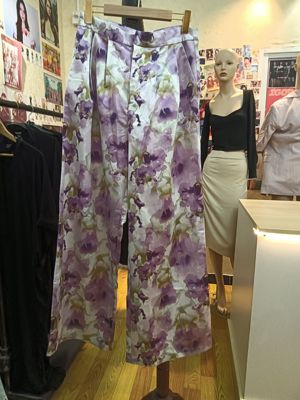 monki重工紫色花朵油画风印花绸缎缎面直筒阔腿裤长裤商场品牌