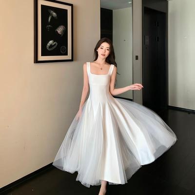 法式方领白色吊带连衣裙女