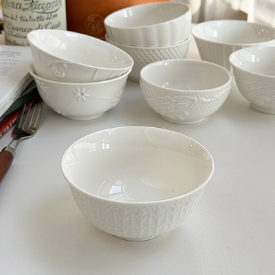 安木良品 外贸出口 法式田园复古纯白浮雕陶瓷家用甜品汤小碗饭碗
