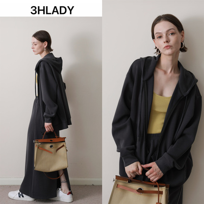 3HLADY | 缪系日常 汲简松弛 深灰色连帽卫衣｜松紧腰半身裙套装