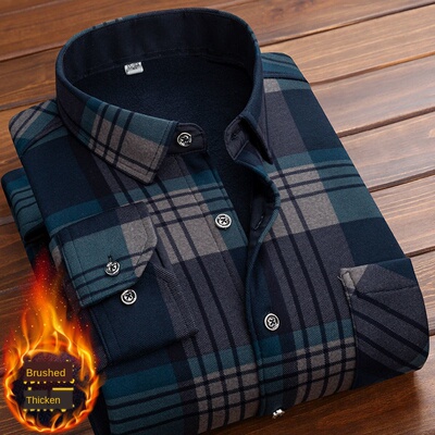 Formal Shirt For Men  Long Sleeve Fleece Warm Plaid Oversize