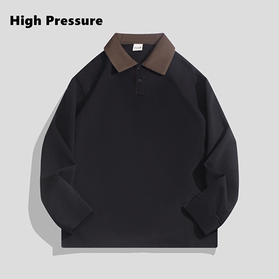 High Pressure美式复古vintage翻领长袖T恤秋季假两件宽松POLO衫