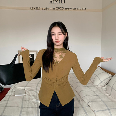 气质高级拼接蕾丝扭结针织衫上衣