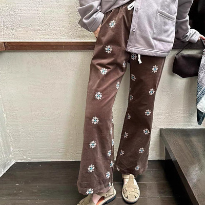 Owish 奈良少女秋冬 日本超细灯芯绒马赛克刺绣微喇超显瘦长裤