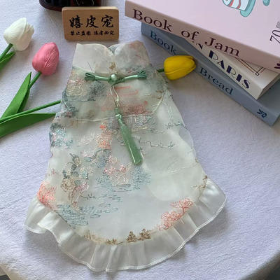 狗狗猫春夏新中式旗袍无袖盘扣绸缎国风裙小马西施狗狗衣服薄款