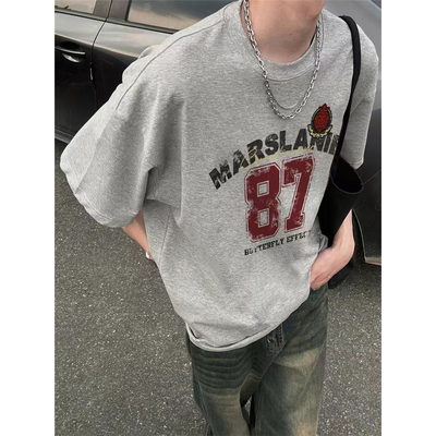 hiphop学生灰色半袖设计感潮牌男