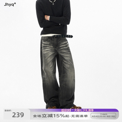 JHYQ春秋直筒宽松闪电纹猫须牛仔裤男美式休闲直筒宽松潮牌长裤