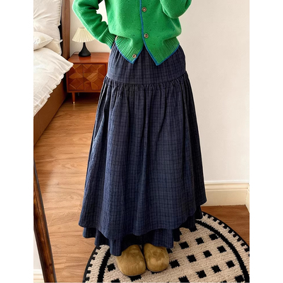 日系格子双层拼接半身裙女伞裙秋