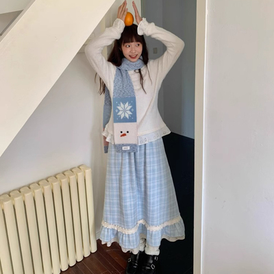 布然蓝色a字半身裙长款女春秋冬