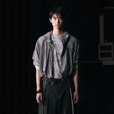 GOODBAI 916 拼接双层破坏毛边连帽拉链外套